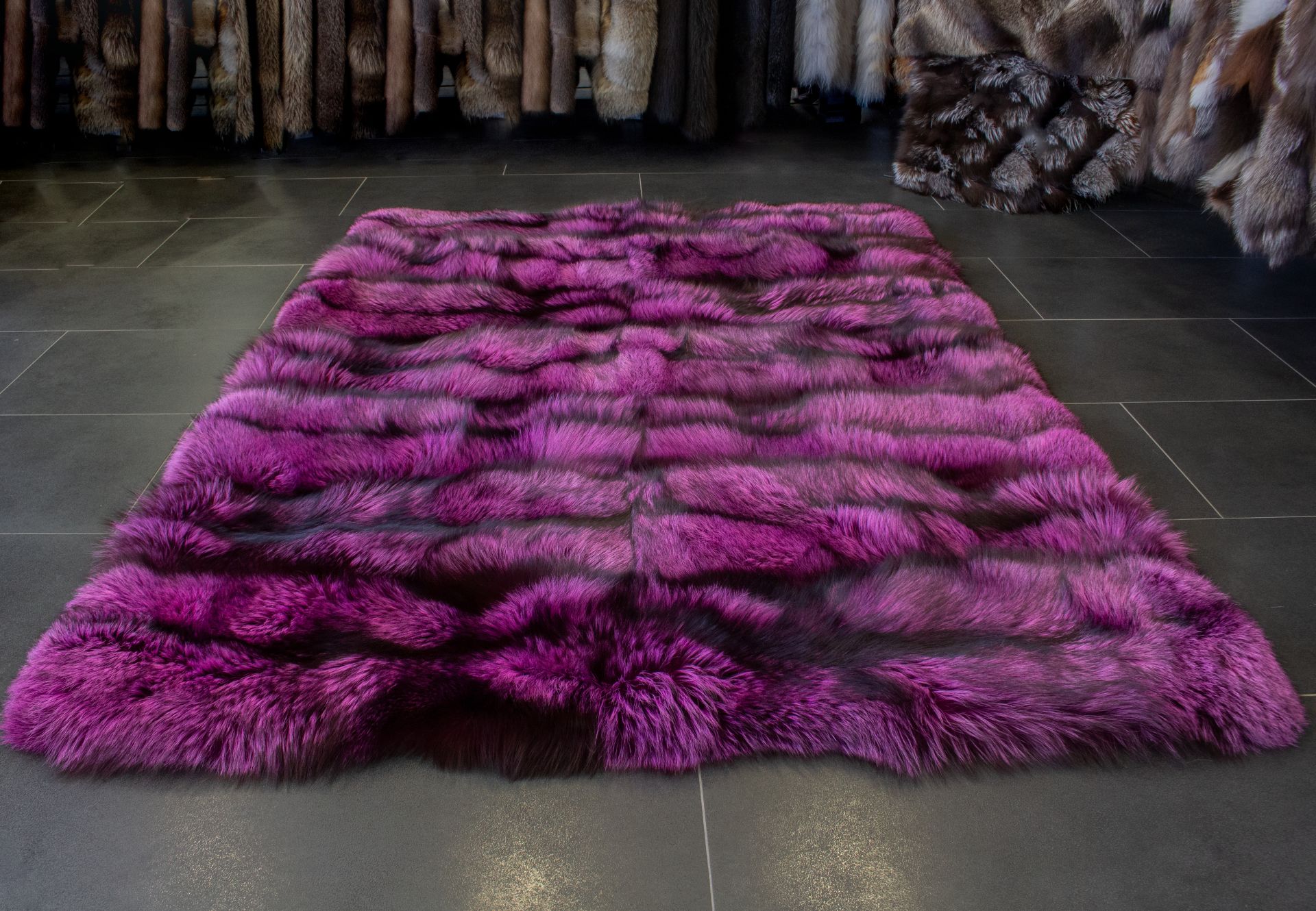 Real Fur Carpet made with Silver Foxes in Purple