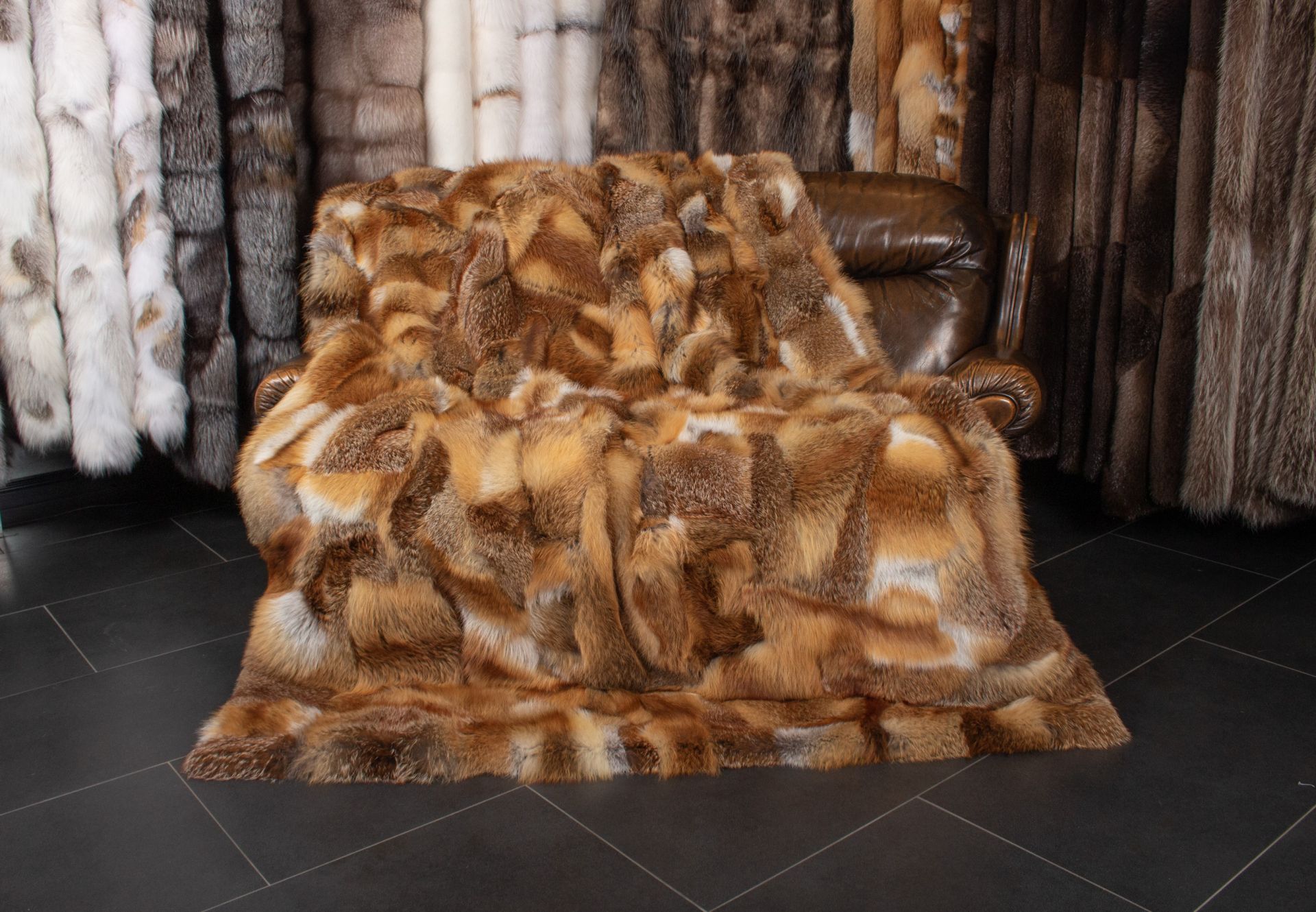 Noble Red Fox Fur Blanket in Patch Design – Stylish Warmth for Your Home