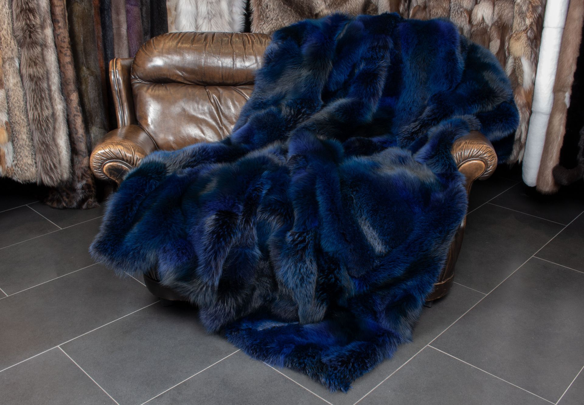 Noble European Red Fox Fur Blanket in blue
