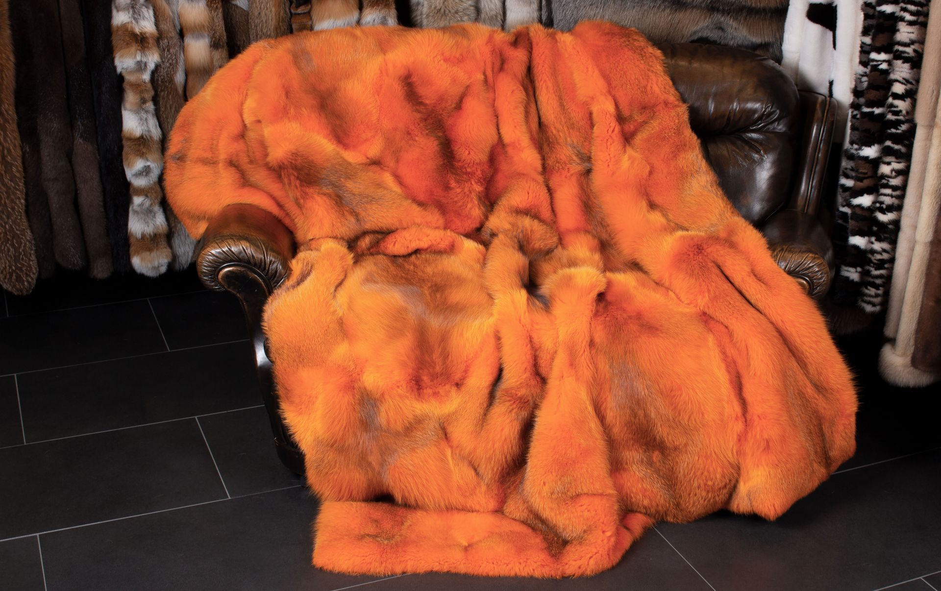 Real Fur Throw from European Red Foxes in Orange