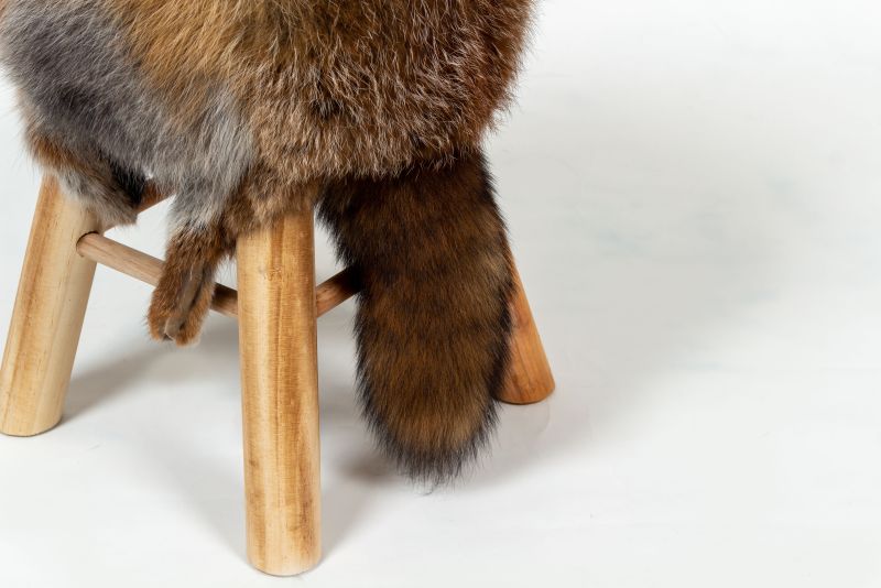 Rustic Red Fox Fur Stool with Fox Tail | Fur Foot Stool