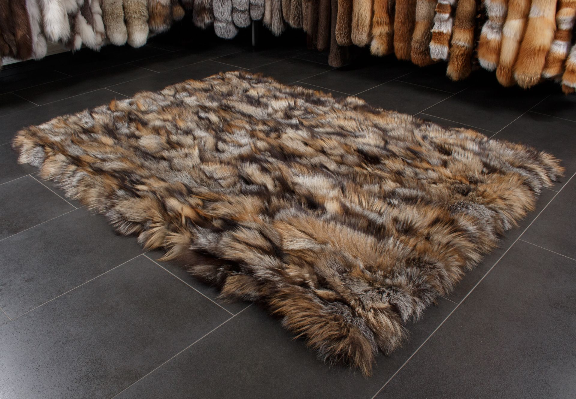 Golden Cross Fox Sides Fur Rug with Real Fur