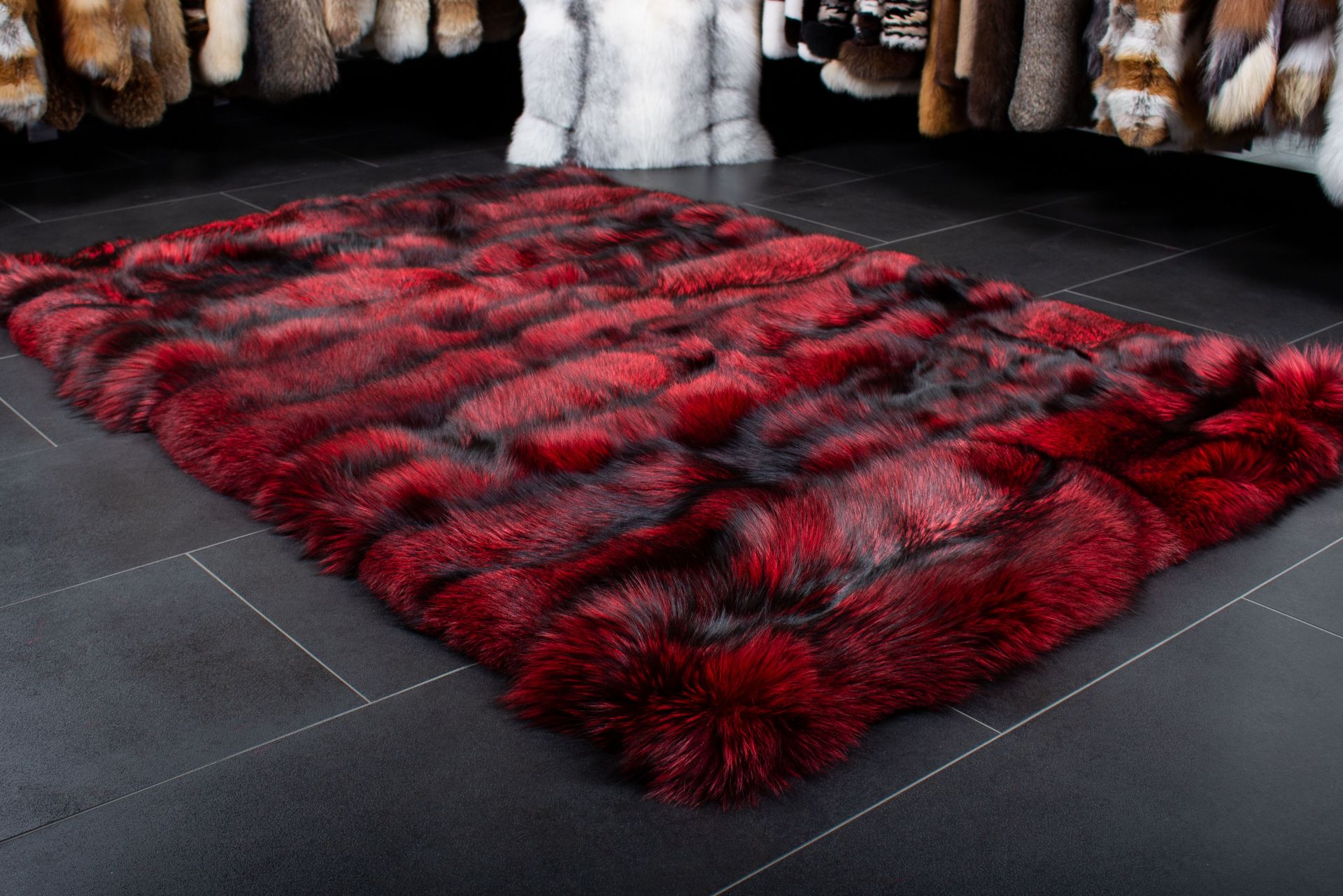 Luxurious Ferrari Red Silver Fox Fur Rug